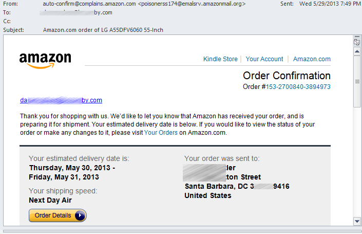 Fake Amazon Order Confirmation Promises 55â‚¬Â TV Set, Delivers Malware