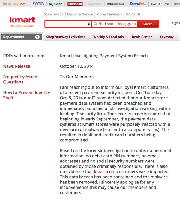 Kmart hacked - payment systems compromised by malware