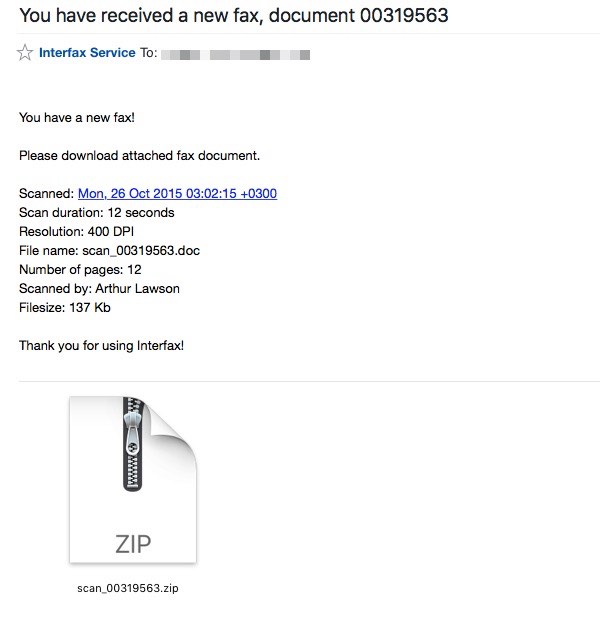Fax notification email aims to infect your PC