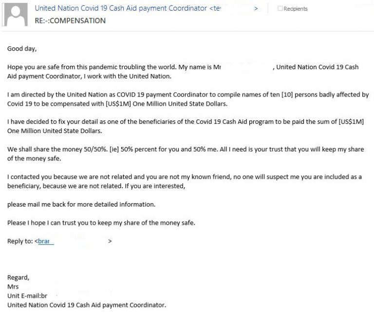 Watch Out For United Nations COVID-19 Compensation Email Scams